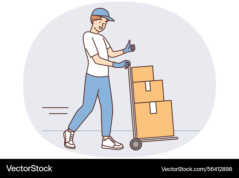 Man at warehouse worker carries cargo cart Vector Image