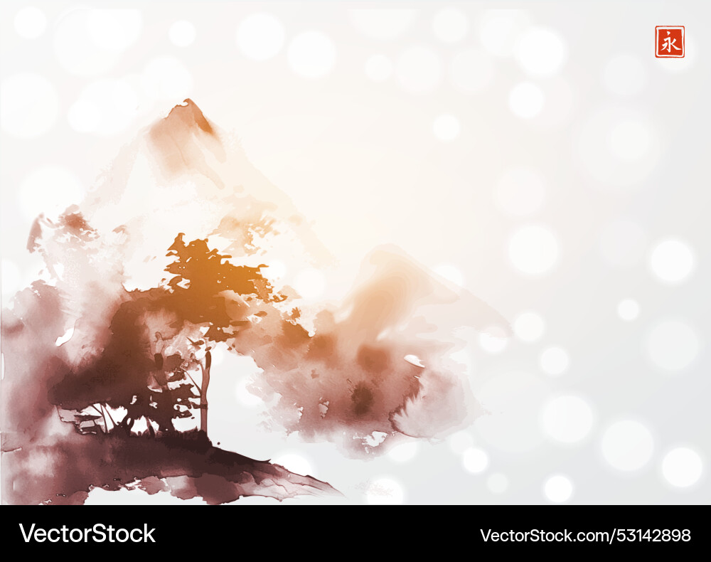 Misty mountain with forest trees traditional Vector Image