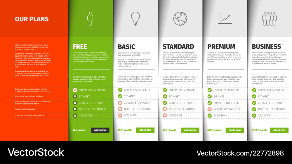 Product service price comparison table Royalty Free Vector
