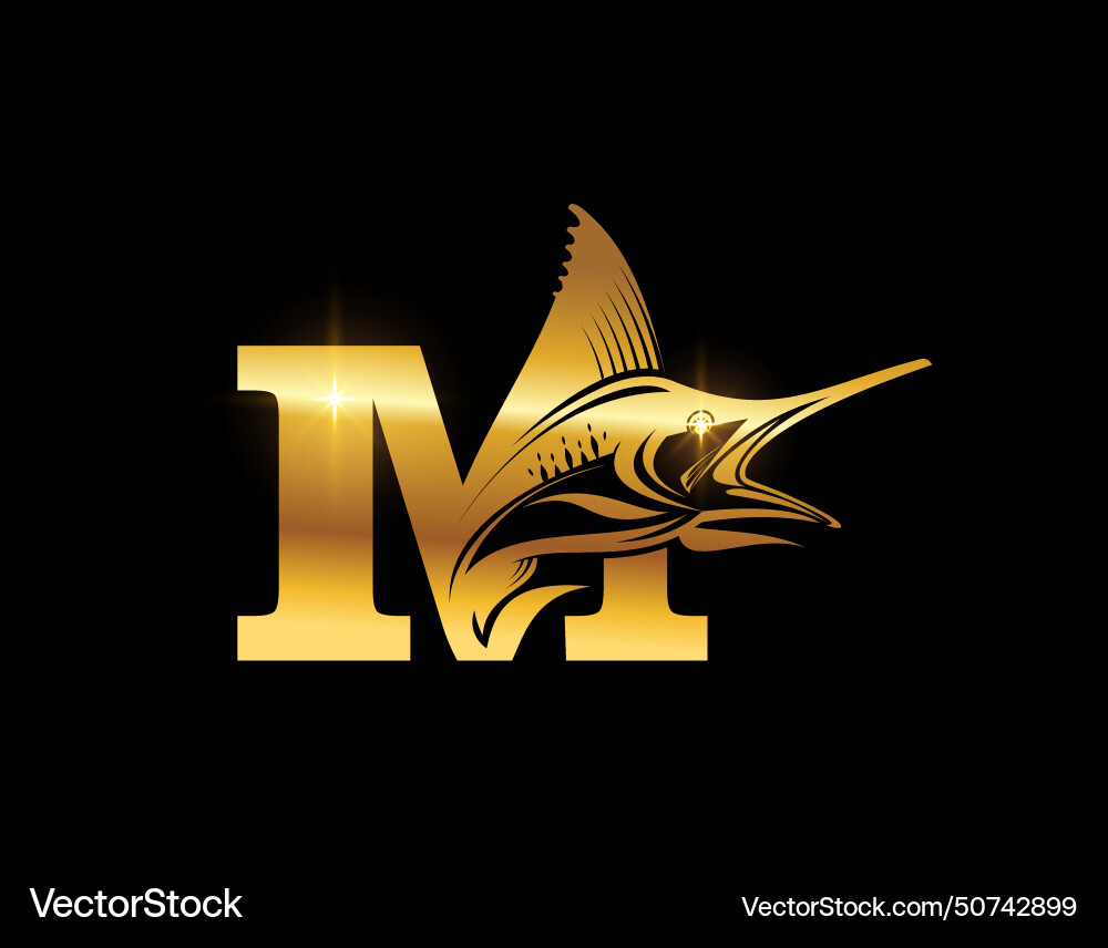 Golden logo letter m marlin fish icon Royalty Free Vector