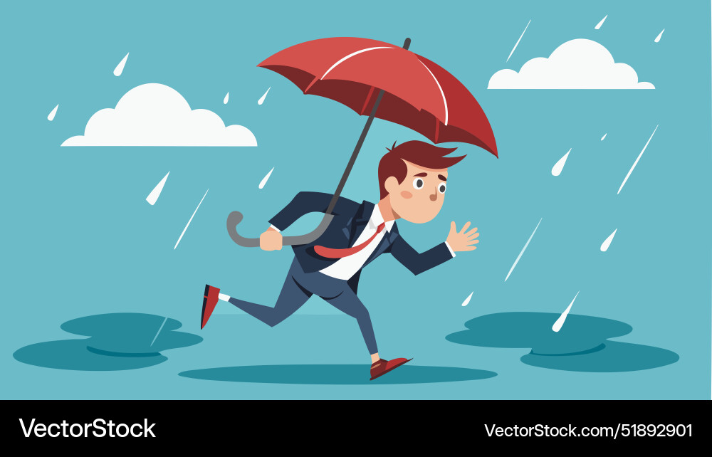 Businessman rushing through rain with umbrella Vector Image