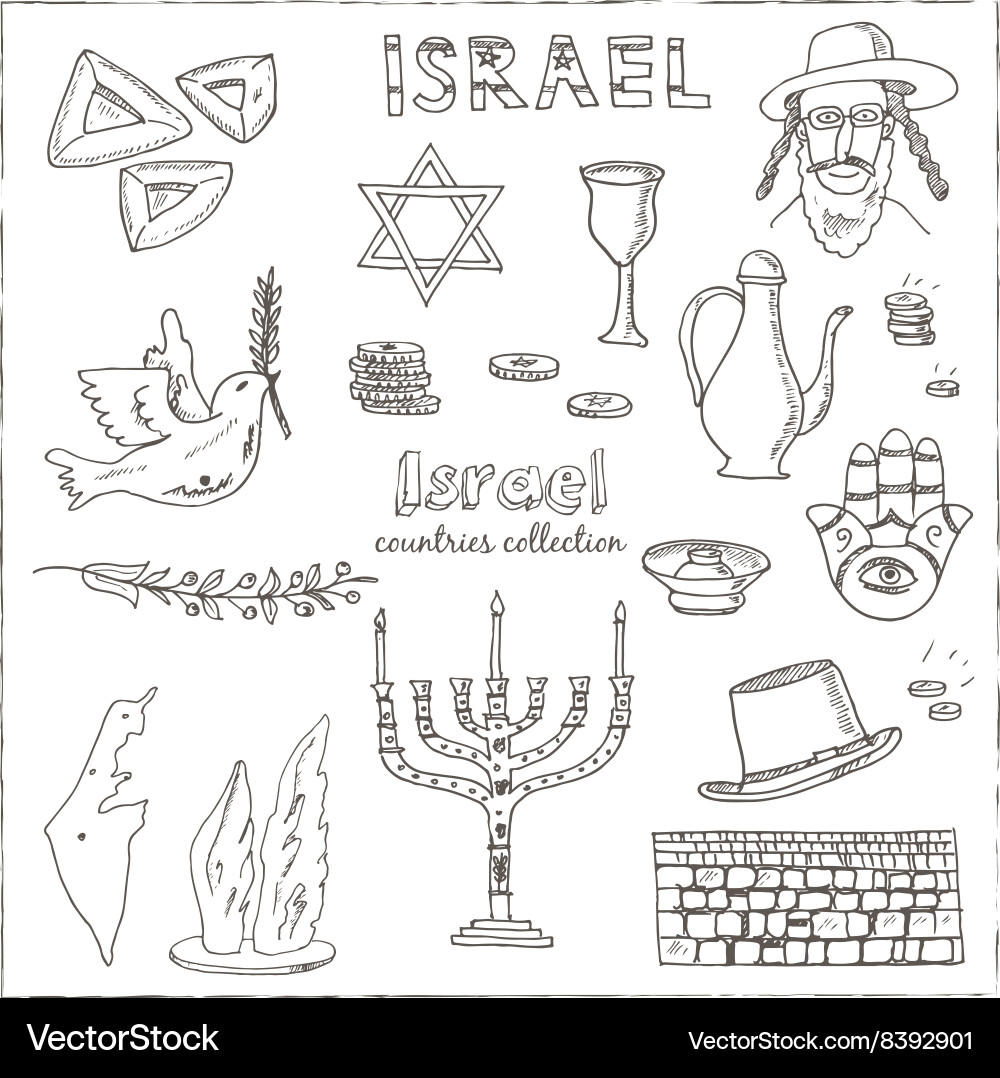 Hand drawn doodle israel symbols set Royalty Free Vector