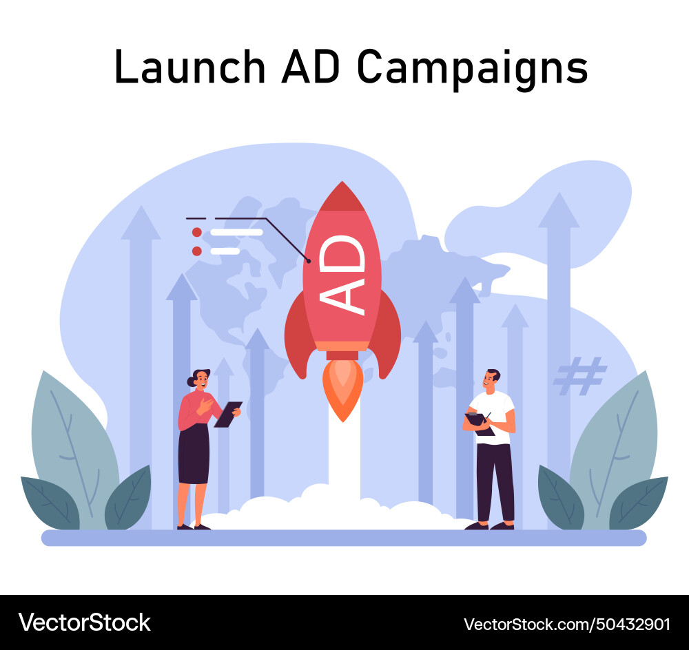 Launch ad campaigns concept flat Royalty Free Vector Image