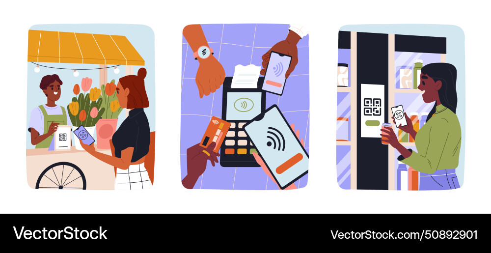 Set of people using cashless payment Royalty Free Vector