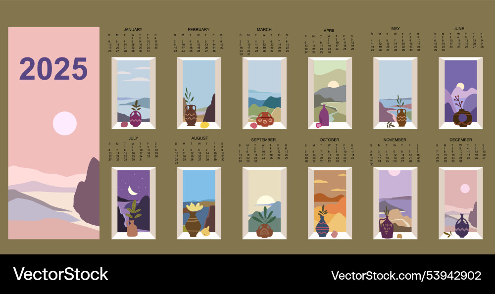 Monthly 2025 calendar flat boho landscape still Vector Image