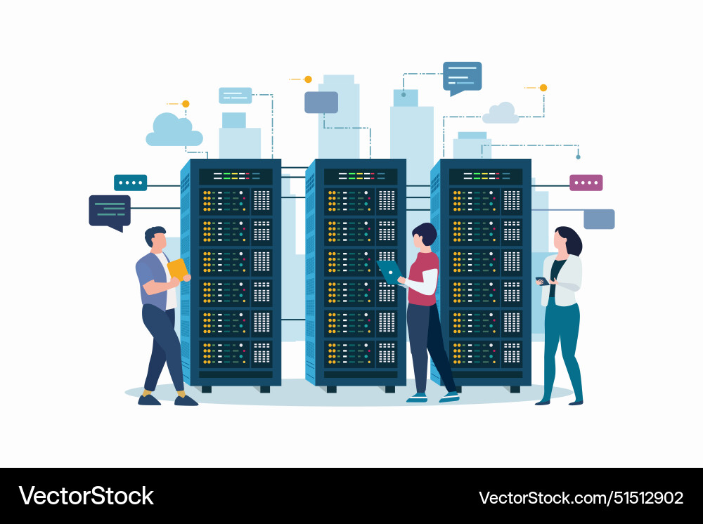 Technician works in server room racks cloud Vector Image