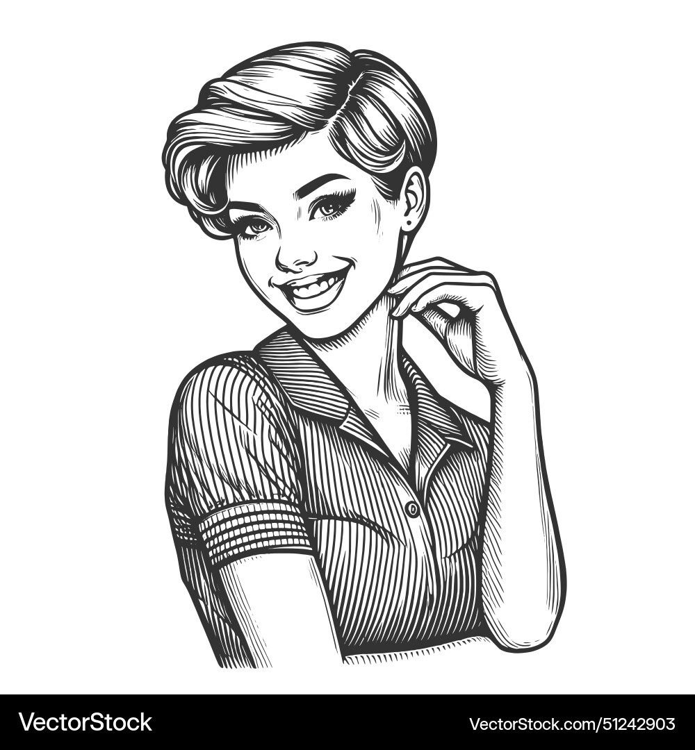 Cheerful retro woman with pixie cut sketch Vector Image