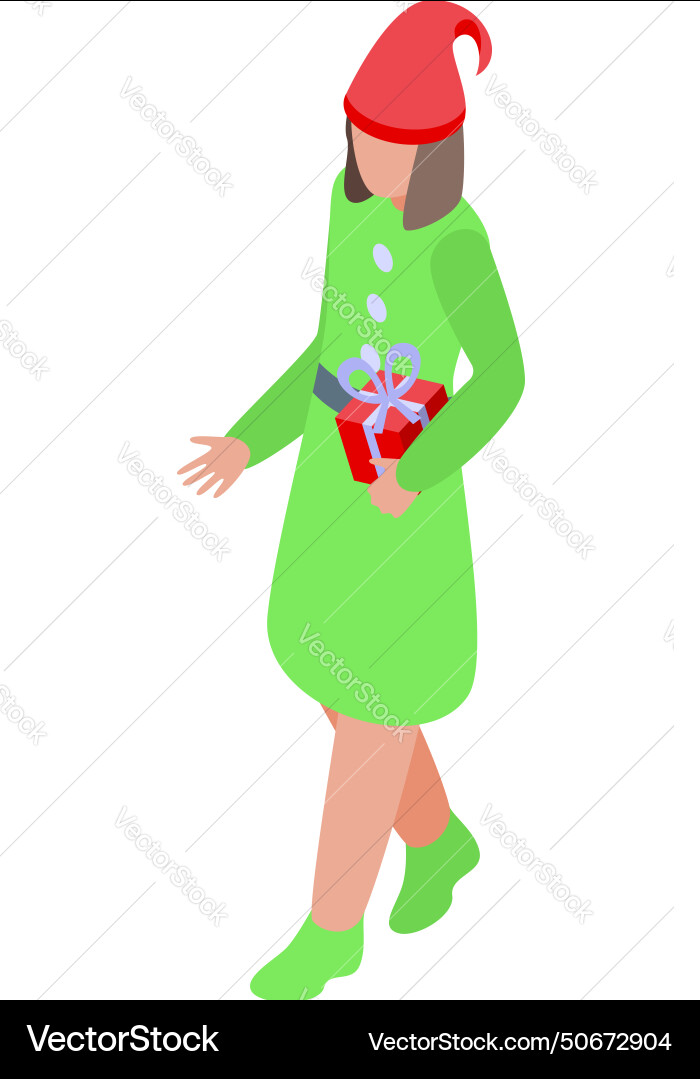 Female elf with present icon isometric Royalty Free Vector