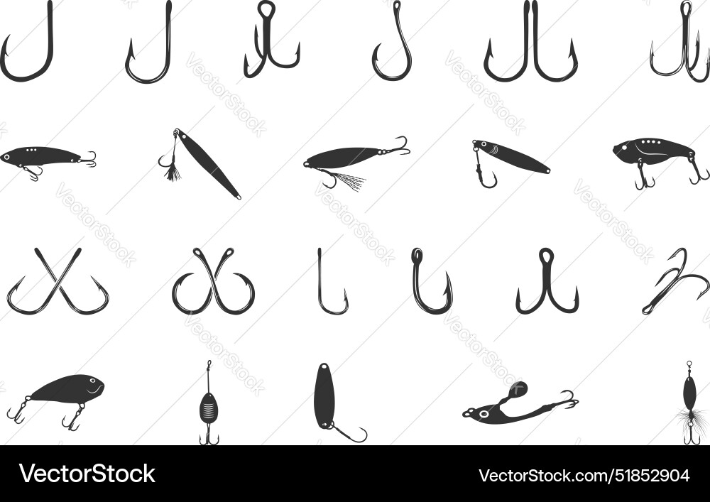 Fish hook silhouettes fishing set Royalty Free Vector Image