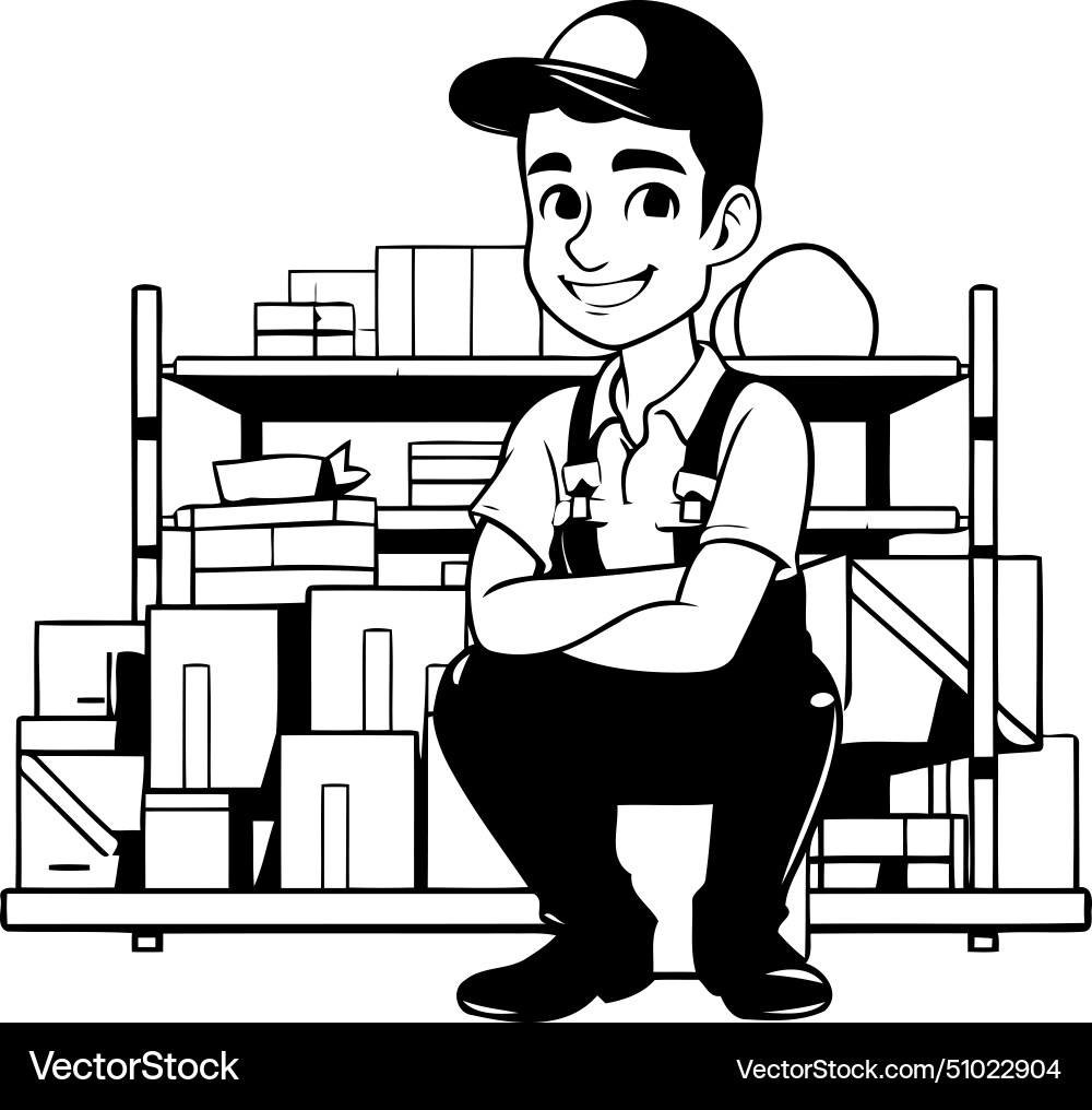 Warehouse worker in uniform sitting on pallet Vector Image