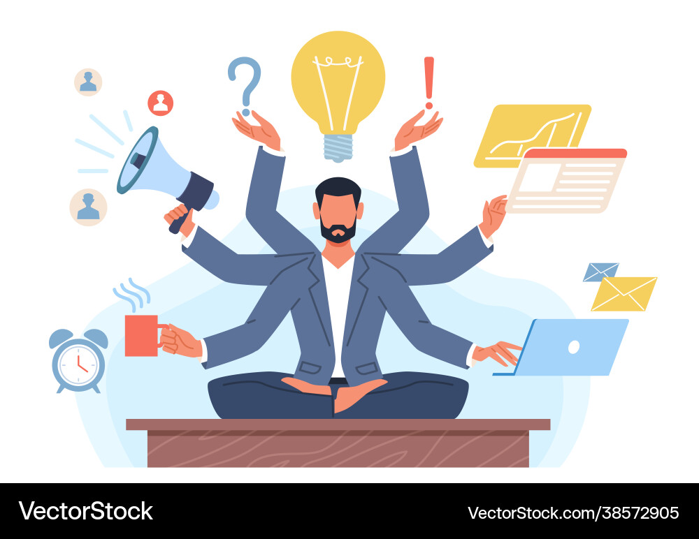 Multitasking man businessman with many hands Vector Image