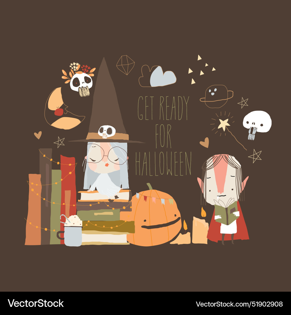 Cartoon beautiful witch with vampire celebrating Vector Image