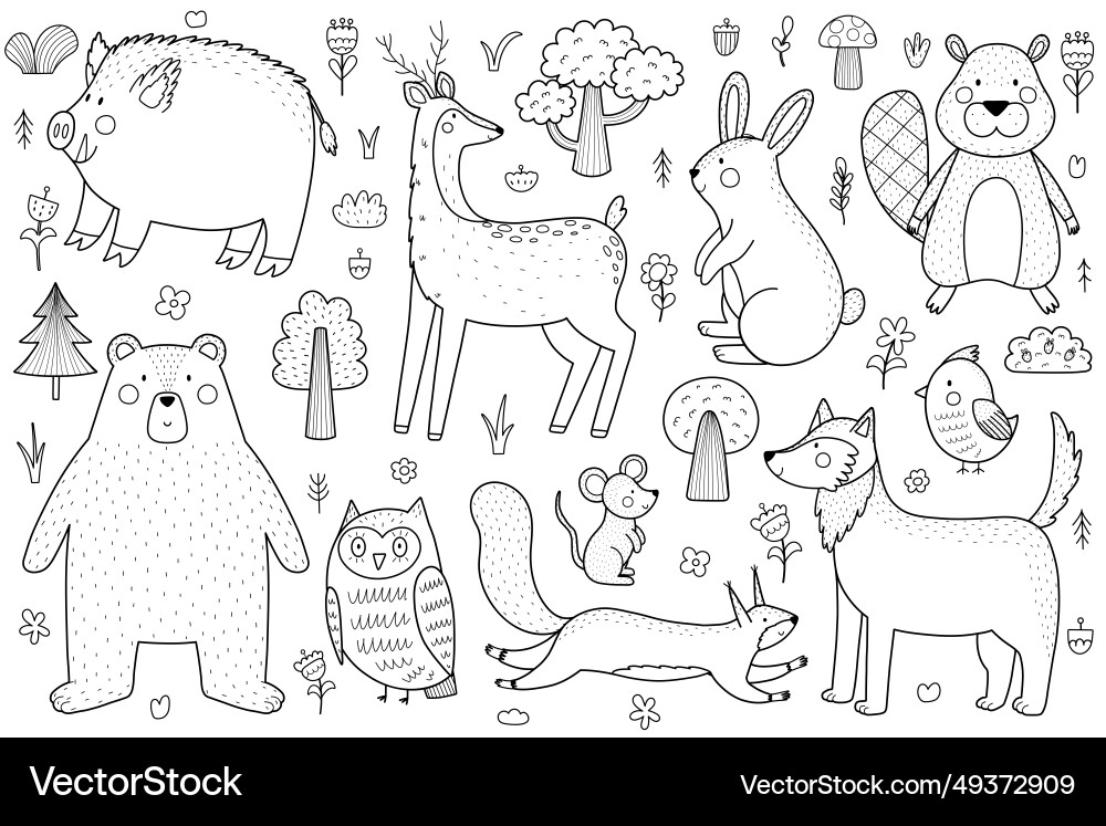 Cute forest animals black and white set Royalty Free Vector