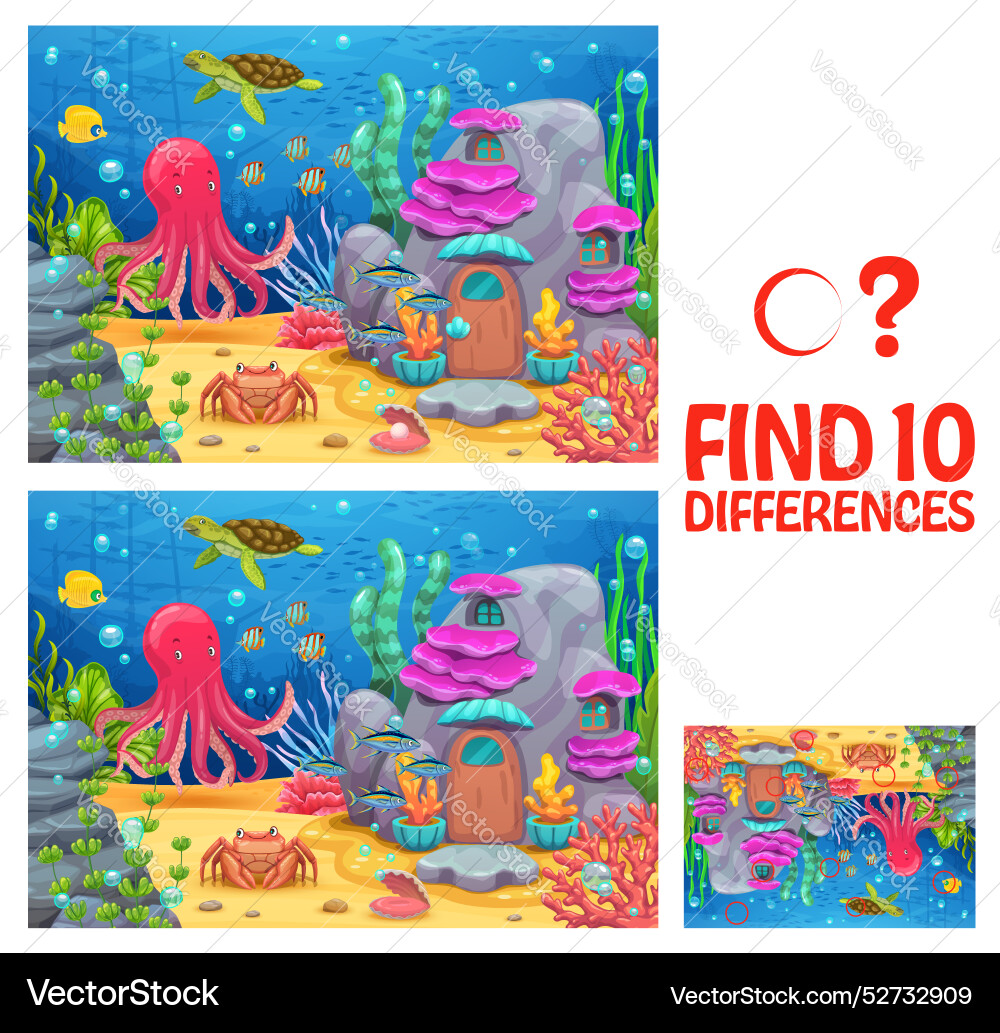Find ten differences in underwater ocean landscape