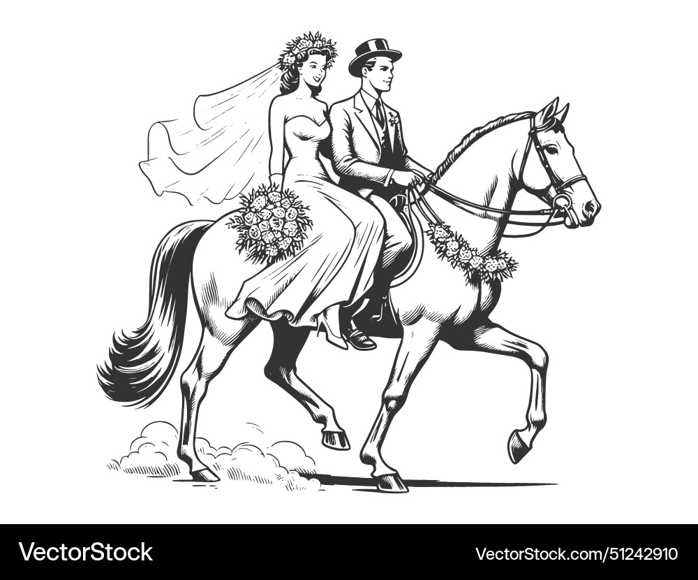 Bride and groom on horseback Royalty Free Vector Image