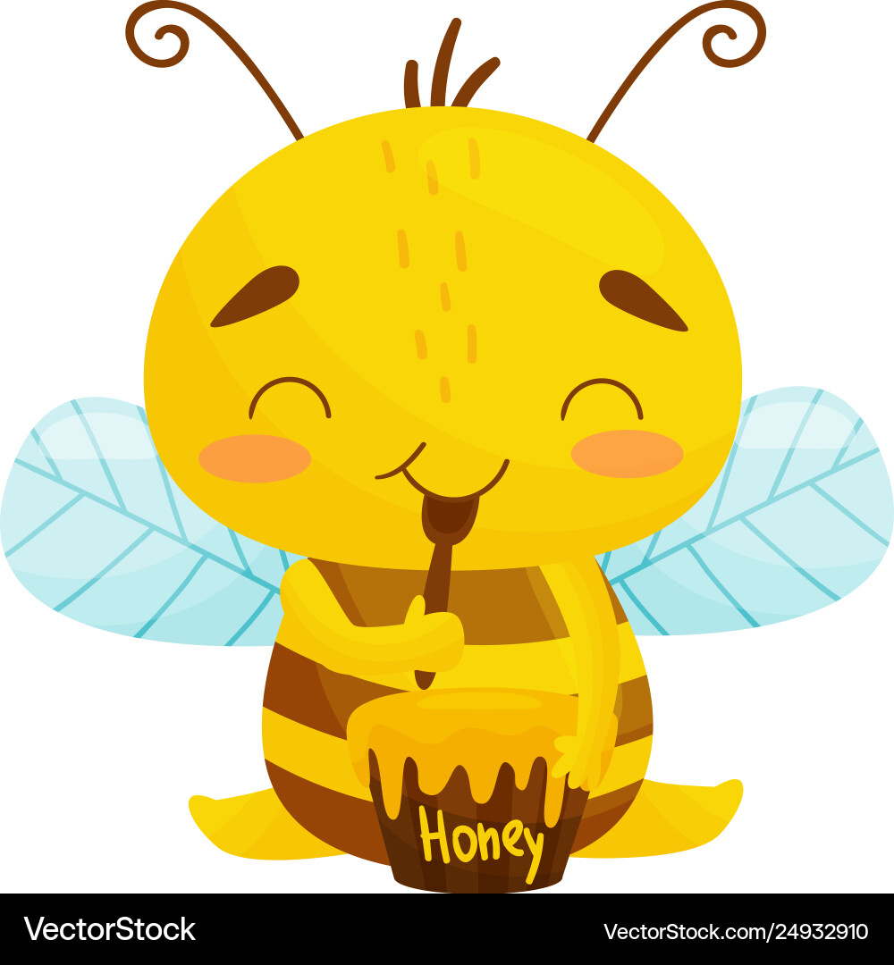 Humanized bee sits eating honey cartoon style Vector Image
