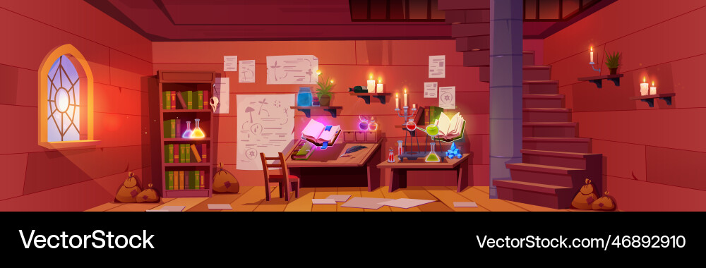 Magic wizard lab background witch room interior Vector Image