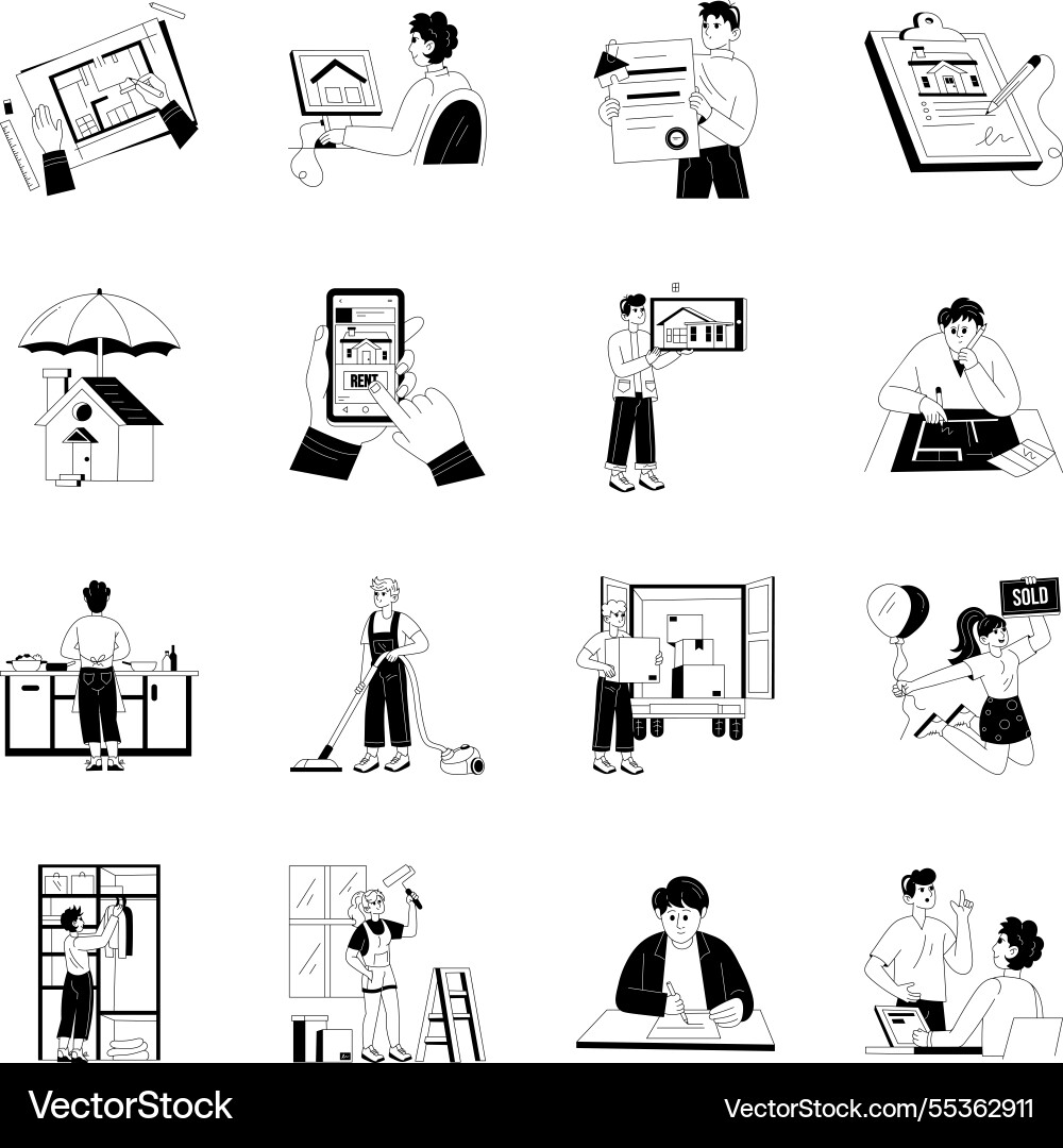 Bundle of glyph style home ownership Royalty Free Vector