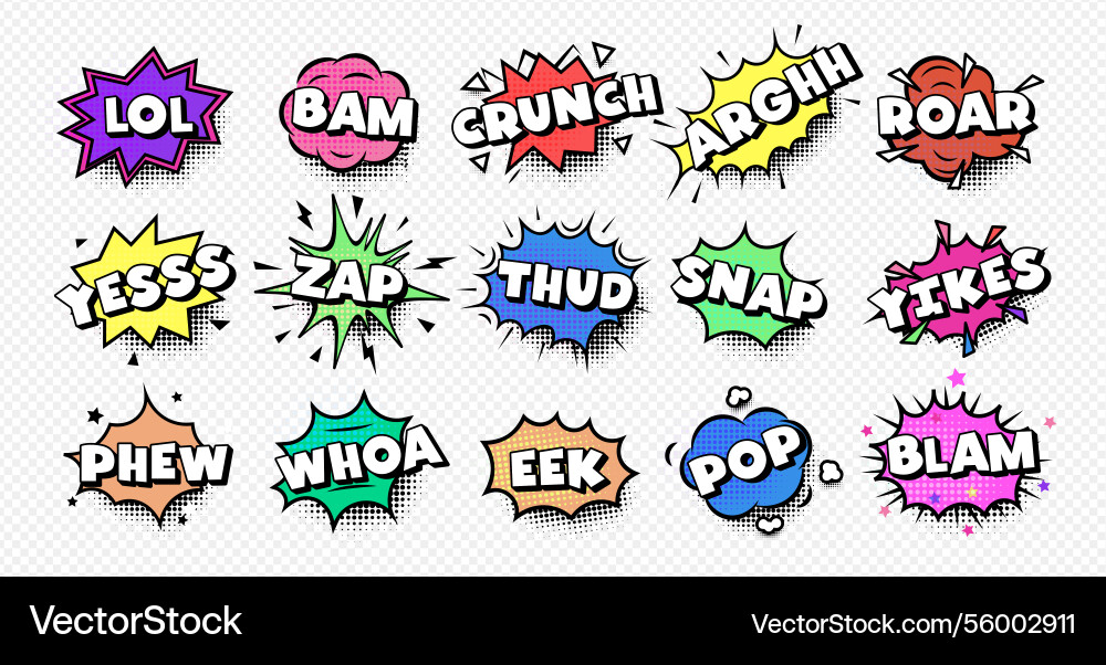 Colorful comic art sound effect words with speech Vector Image