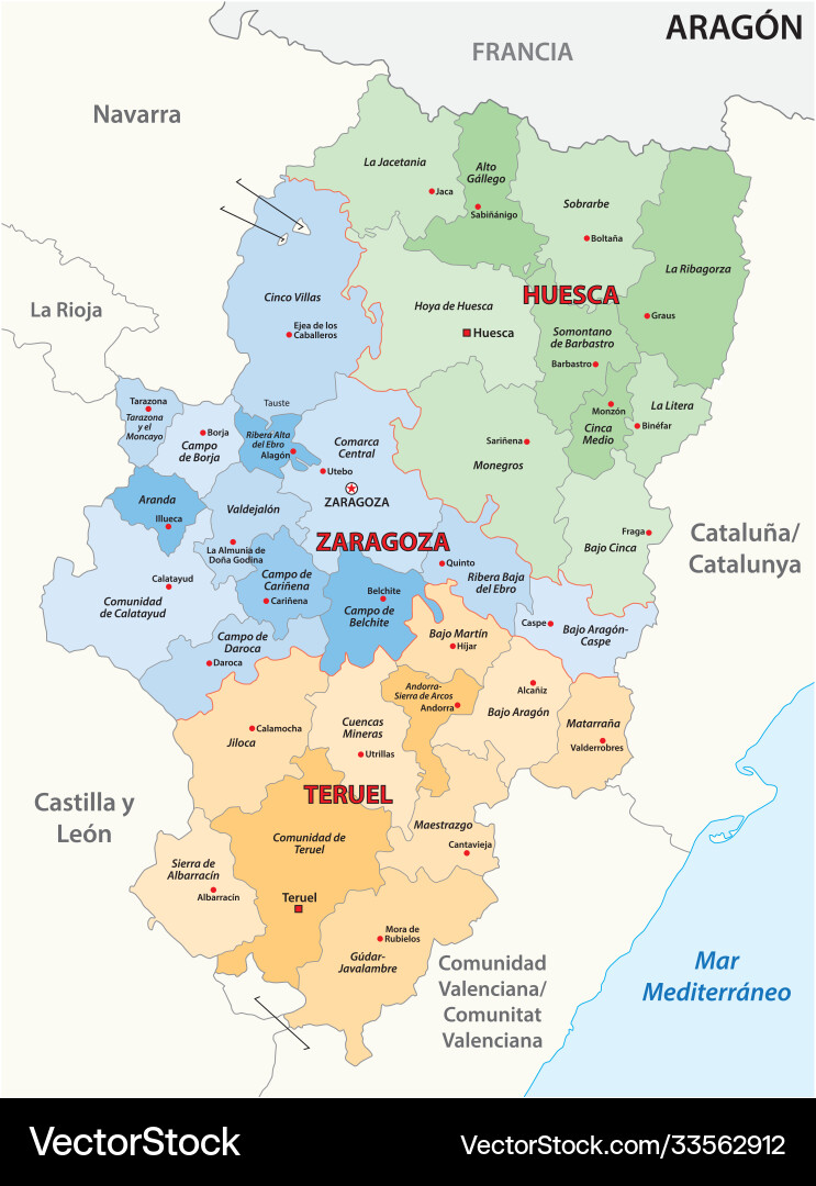 Administrative map aragon spain Royalty Free Vector Image