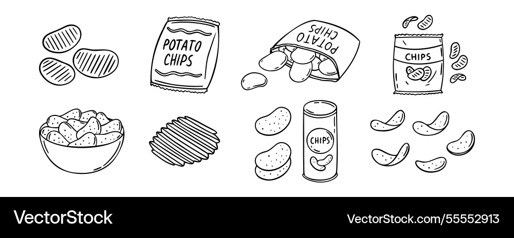 Potato chips doodle hand drawn icon set outline Vector Image