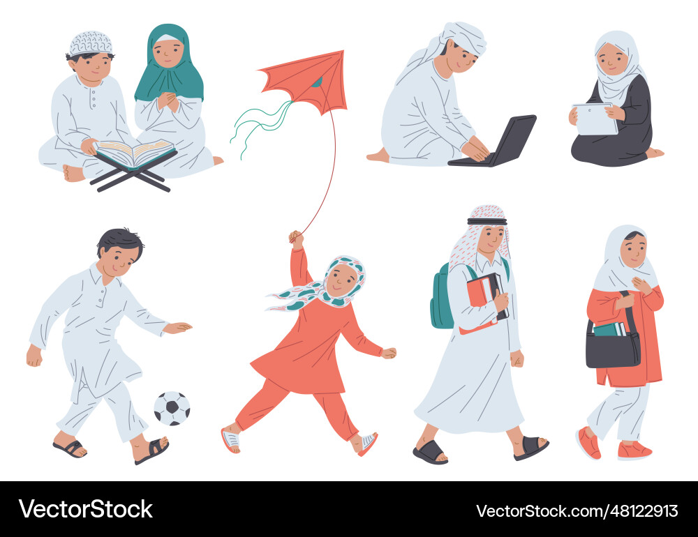 Set of arab kids studying reading book Royalty Free Vector
