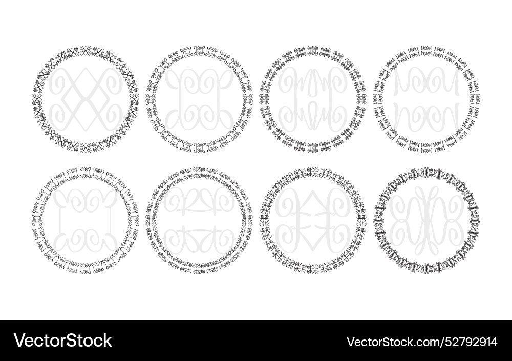Black hand written curly motifs round emblems set Vector Image