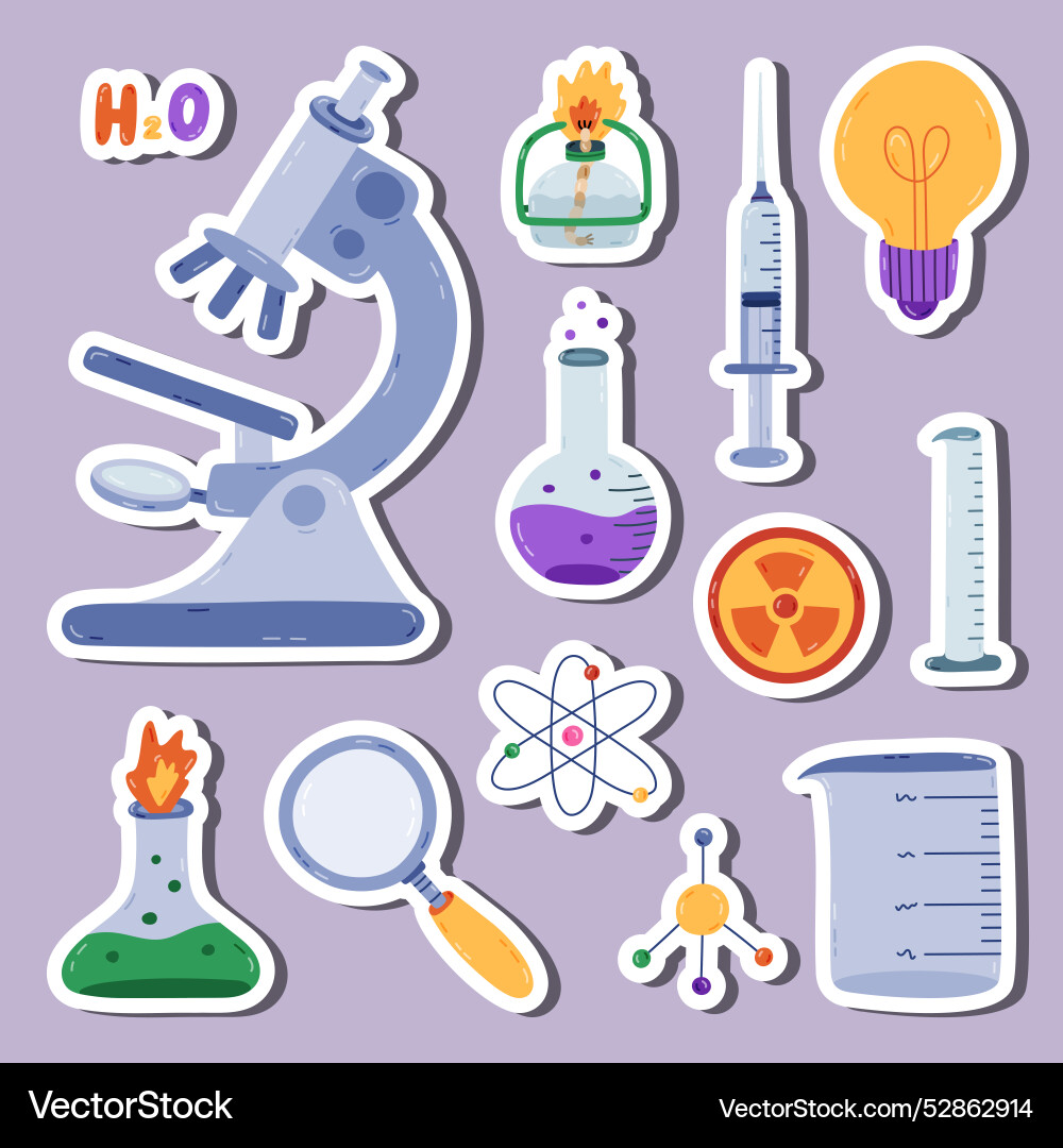 Cute sticker set with cartoon chemistry science Vector Image