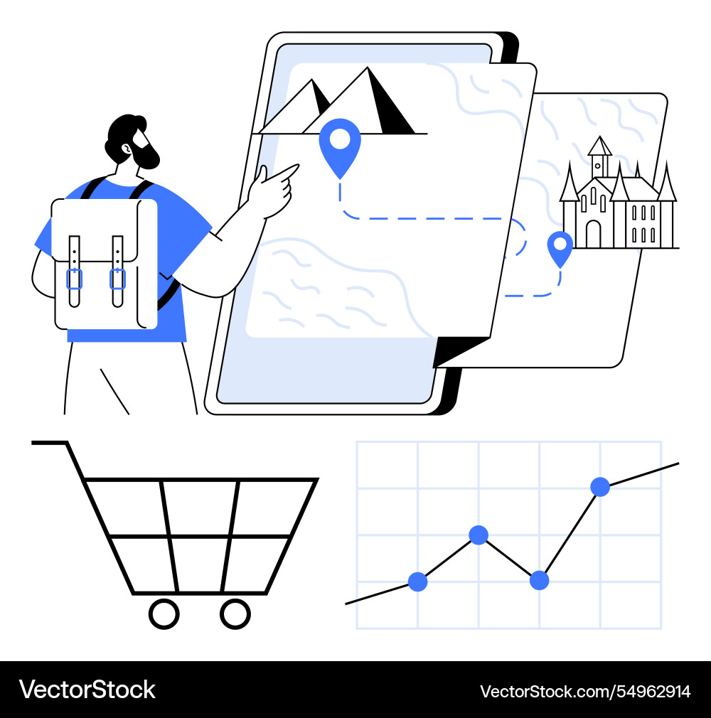 Traveler navigating routes on a digital map Vector Image