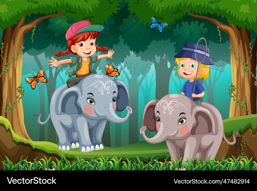 Two kids riding elephant in the jungle Royalty Free Vector