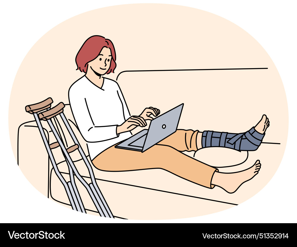 Woman with broken leg work on computer at home Vector Image
