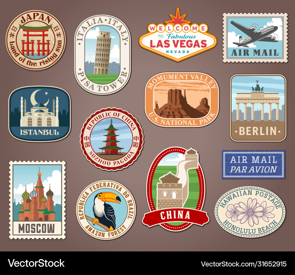 International tourism landmark labels Royalty Free Vector
