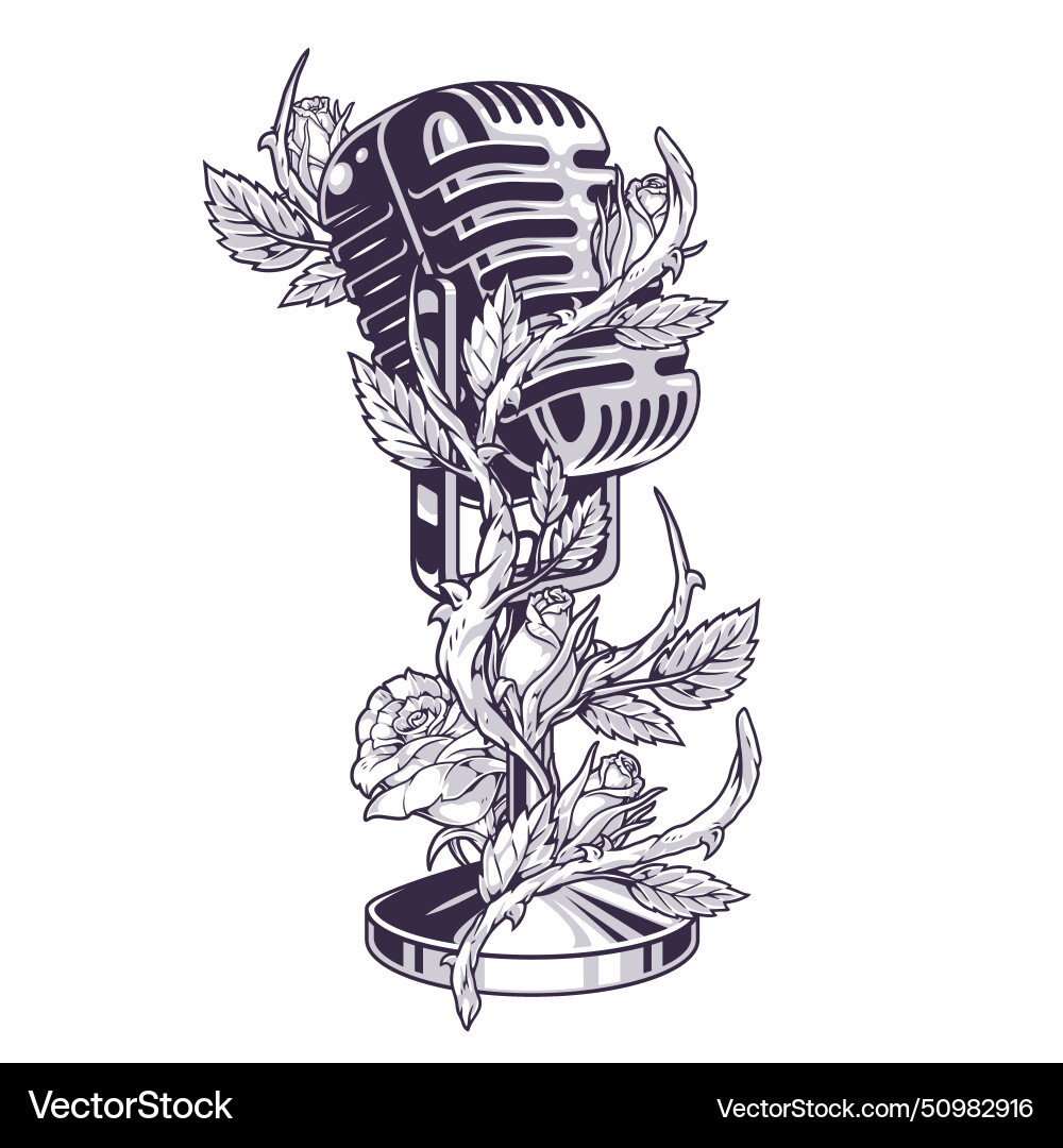 Microphone with element monochrome flowers Vector Image