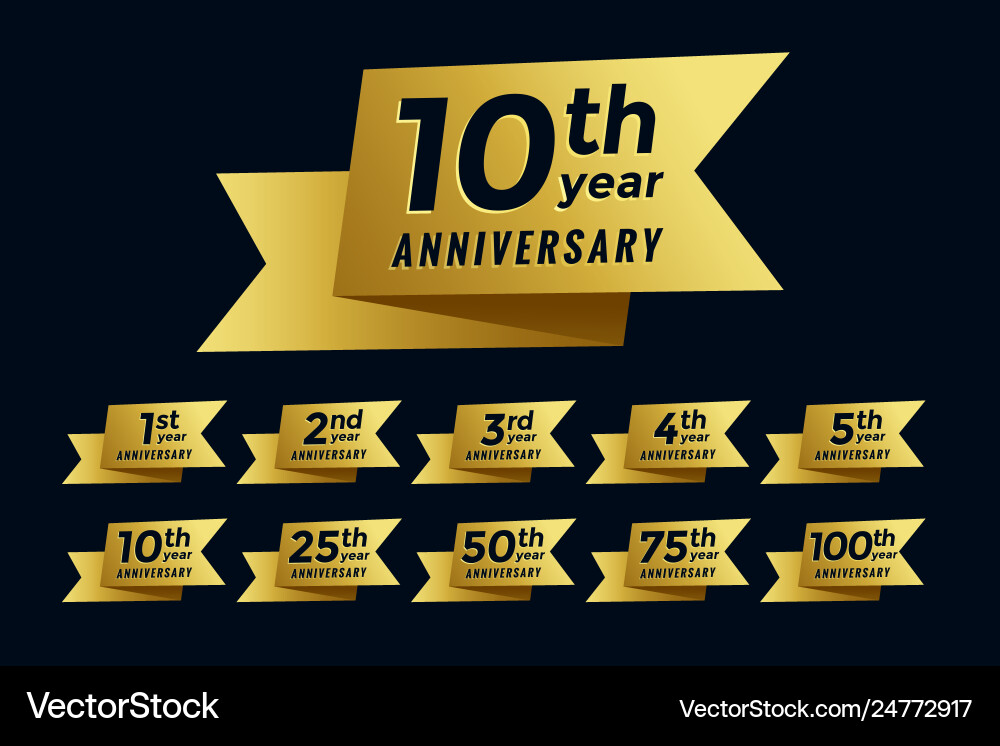Golden ribbon anniversary emblem set Royalty Free Vector