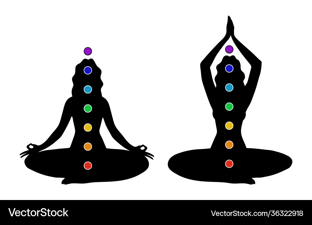 Female black silhouette with seven colored chakras