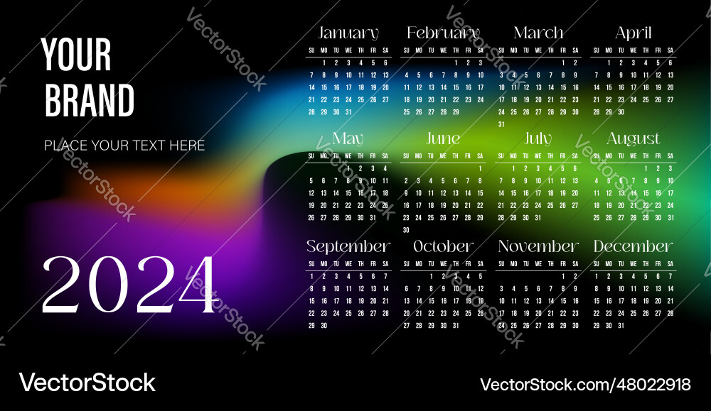 Horizontaler Kalender 2024 Vorlage dunkel Vektorbild