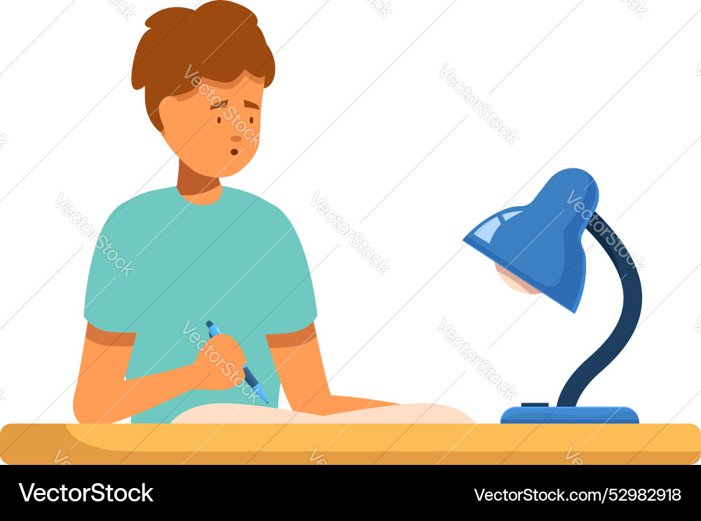 Young man studying late at night with desk lamp Vector Image