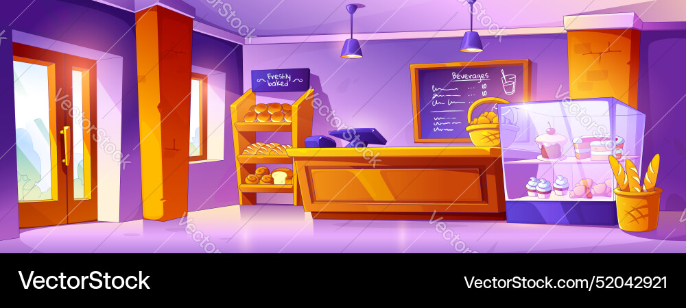 Bakery shop interior with pastry on shelves Vector Image