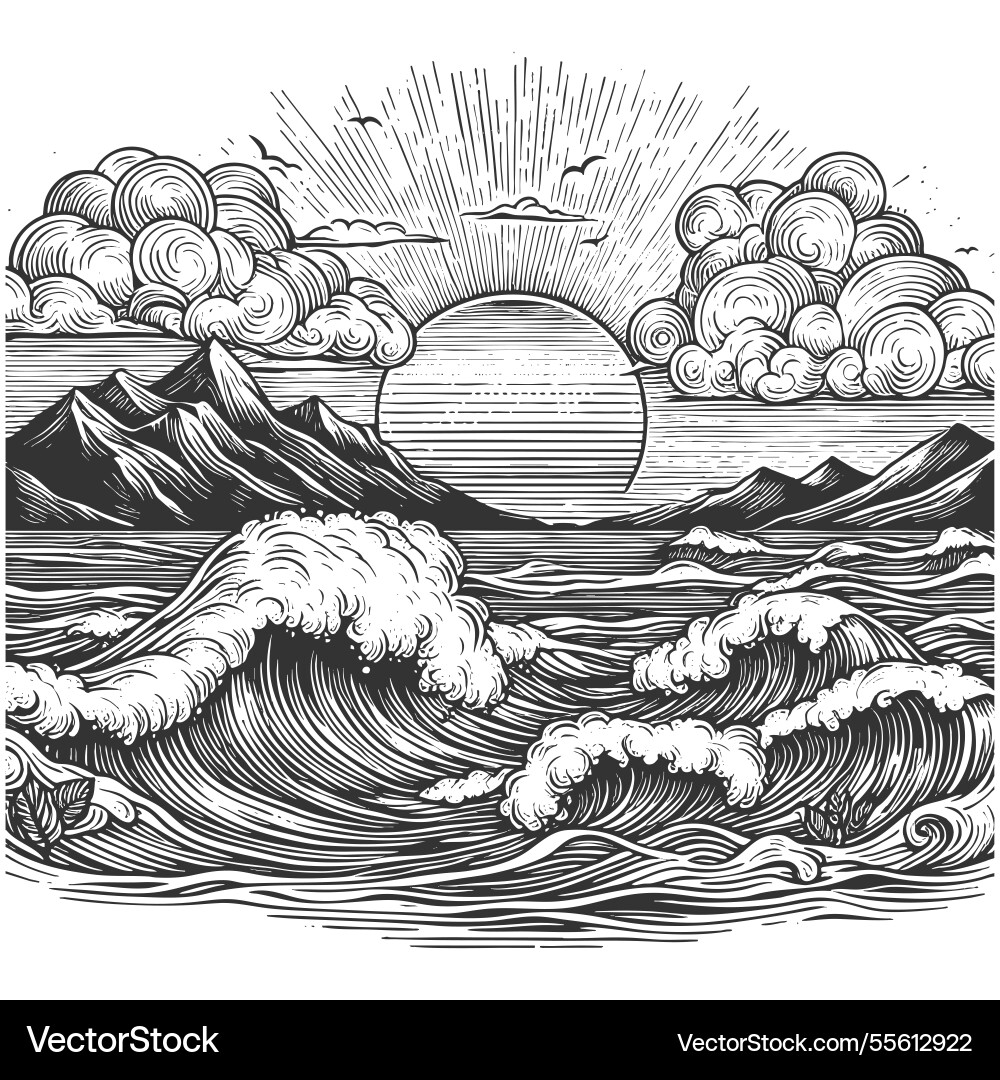 Mountain Ocean Waves Engraving Royalty Free Vector Image
