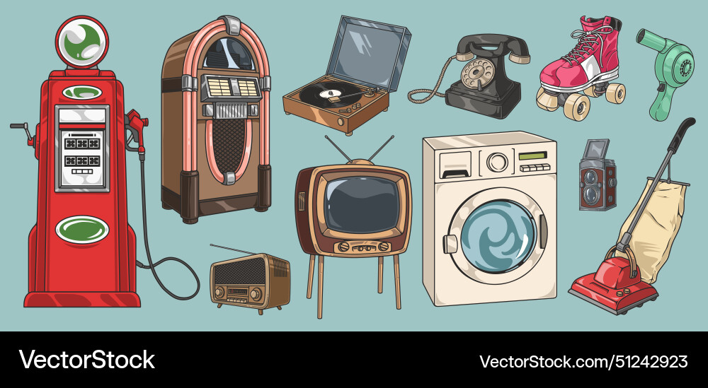 Retro equipment colorful set sticker Royalty Free Vector
