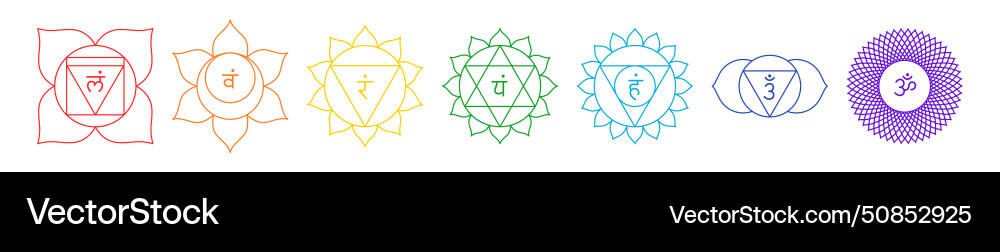 Chakra set line art symbols meditation Royalty Free Vector
