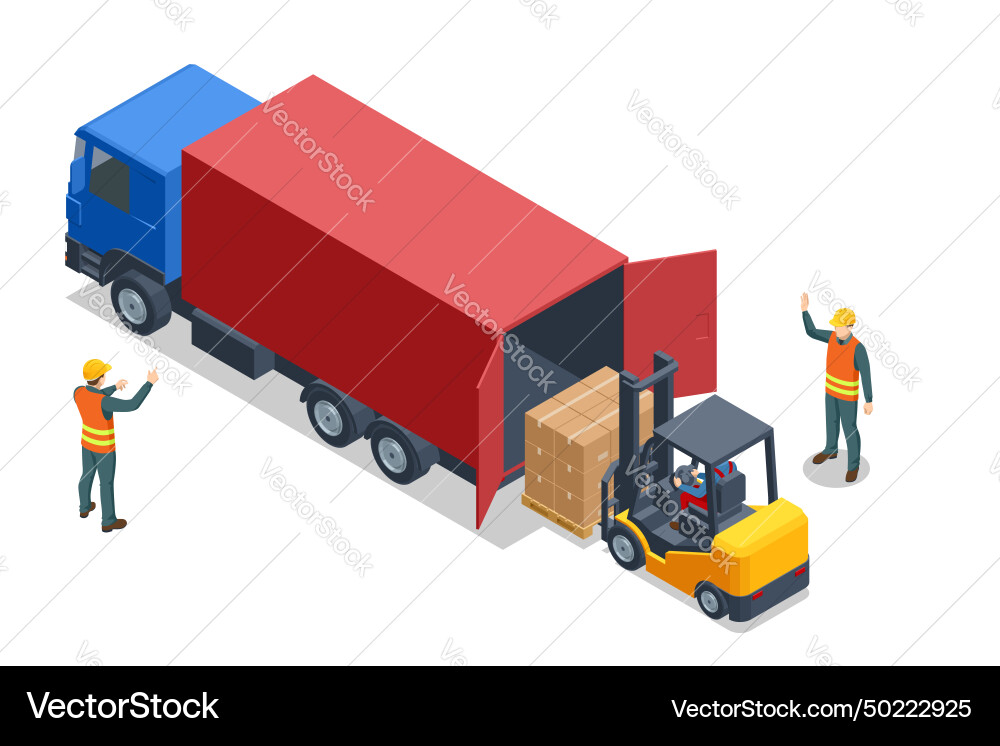 Isometric forklift tractor loading package boxes Vector Image