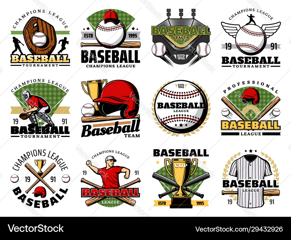 Baseball sport players balls bats and trophy cup Vector Image