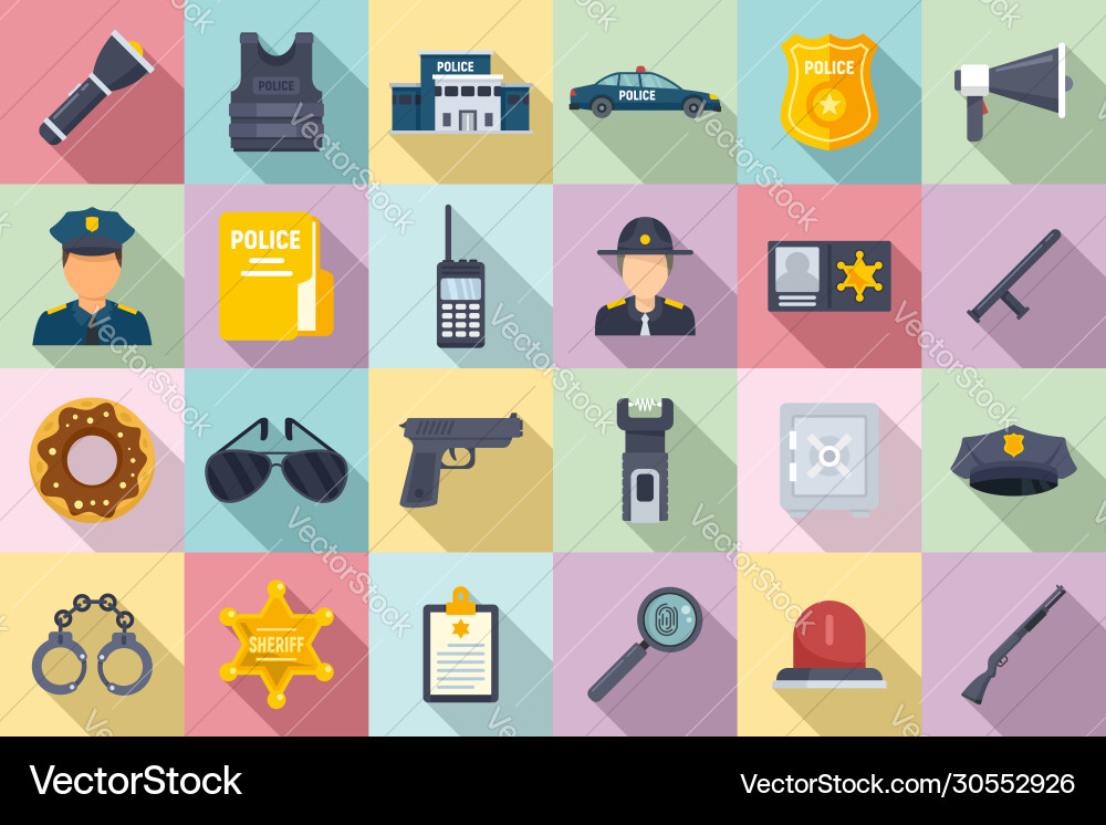 Police station icons set flat style Royalty Free Vector