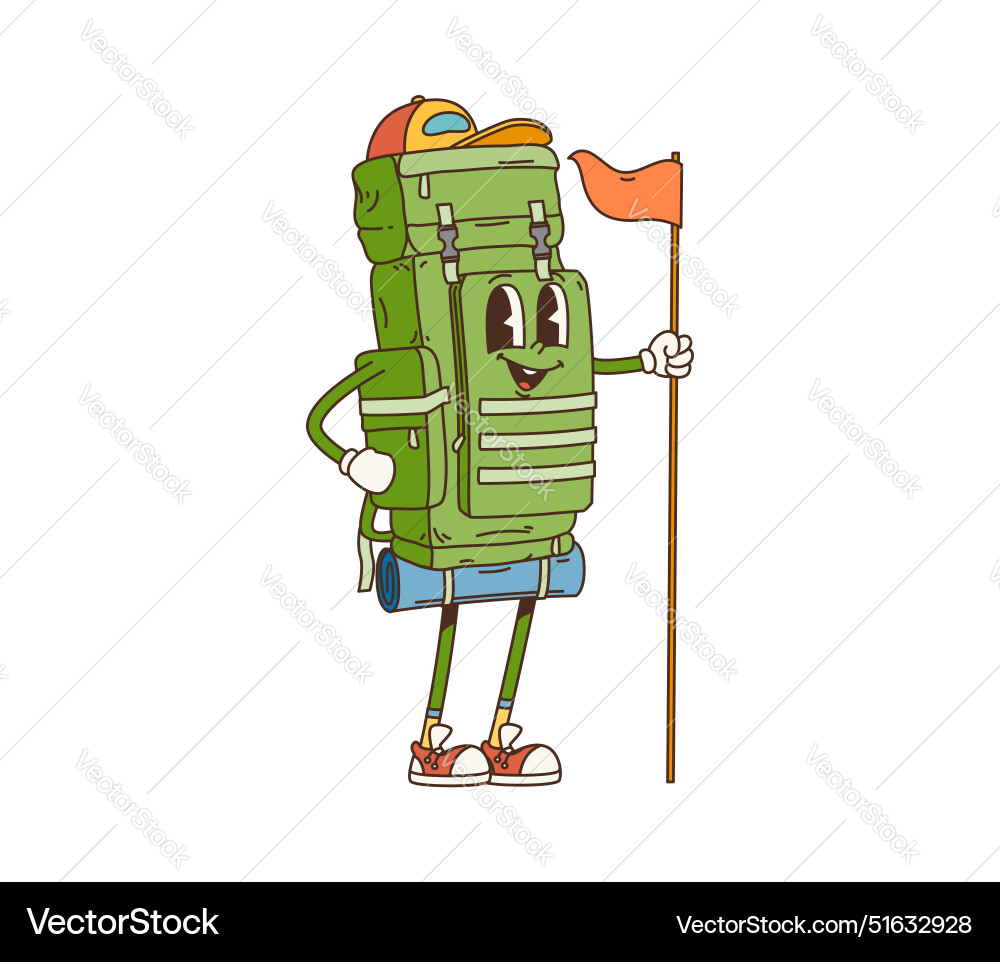 Cartoon backpack retro groovy travel character Vector Image