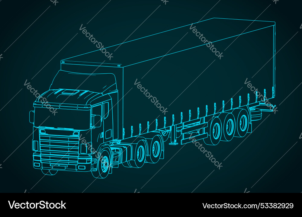 Semi truck trailer isometric blueprint Royalty Free Vector