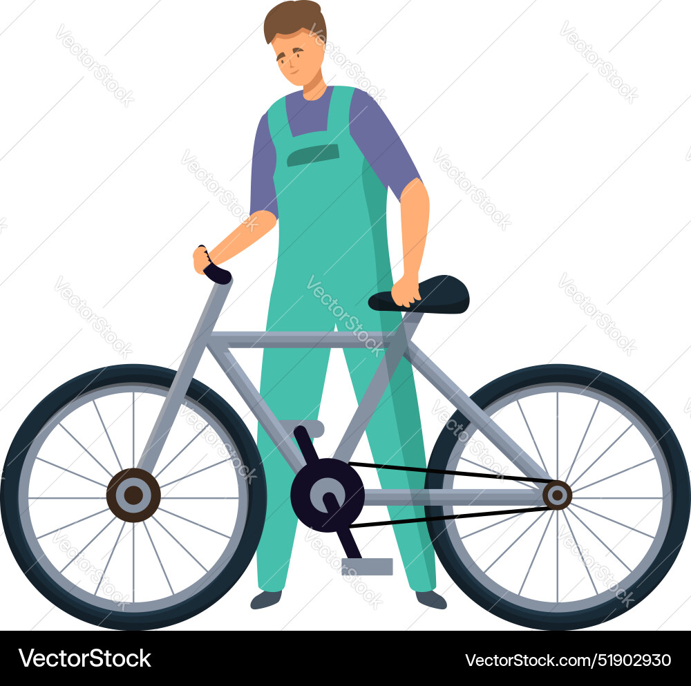Bicycle mechanic holding a bike while standing Vector Image