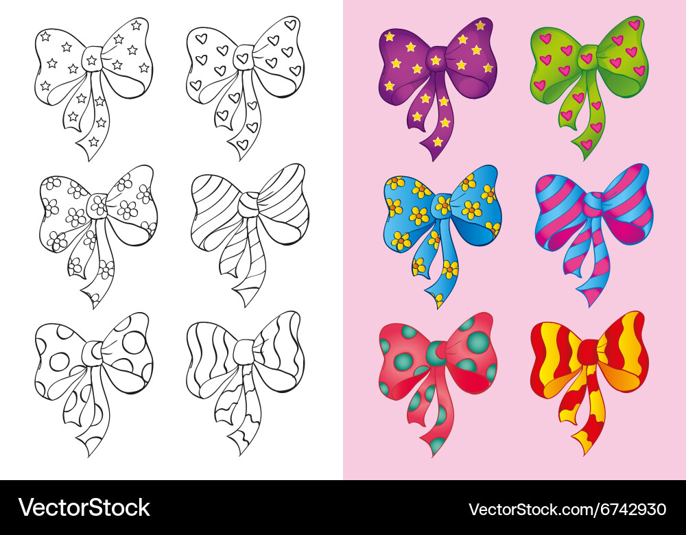 Coloring book of set different bows Royalty Free Vector