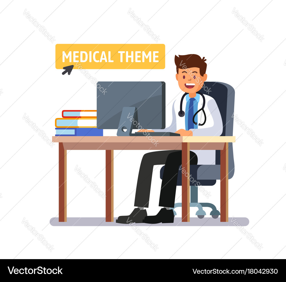 Doctor sitting at the table working on computer Vector Image