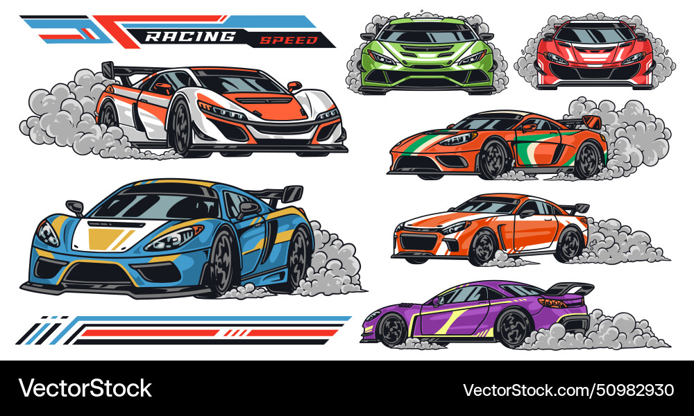 Motorsport racing colorful set elements Royalty Free Vector